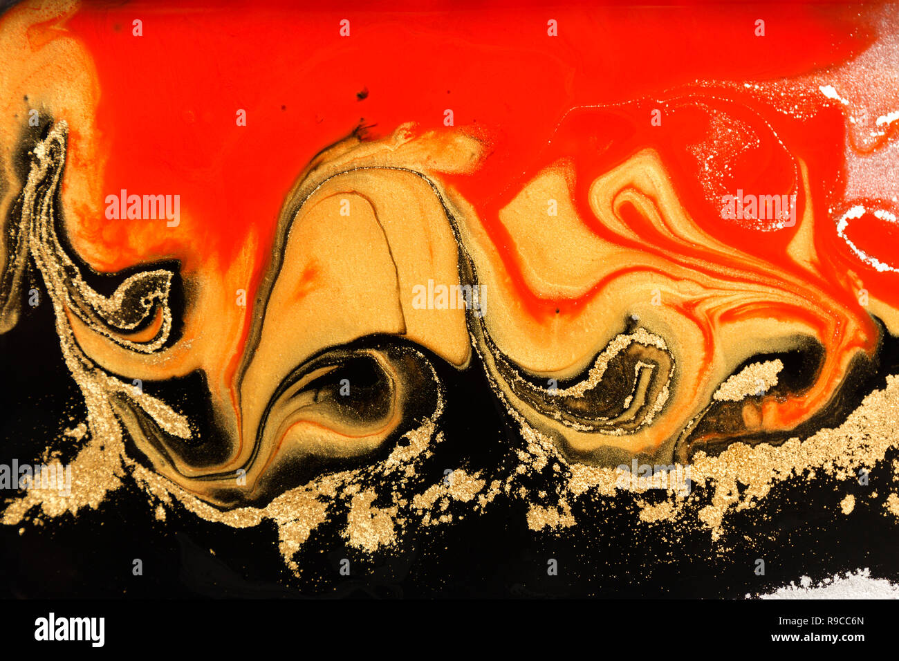 Gold marbling texture design. Red and golden marble pattern. Fluid art ...