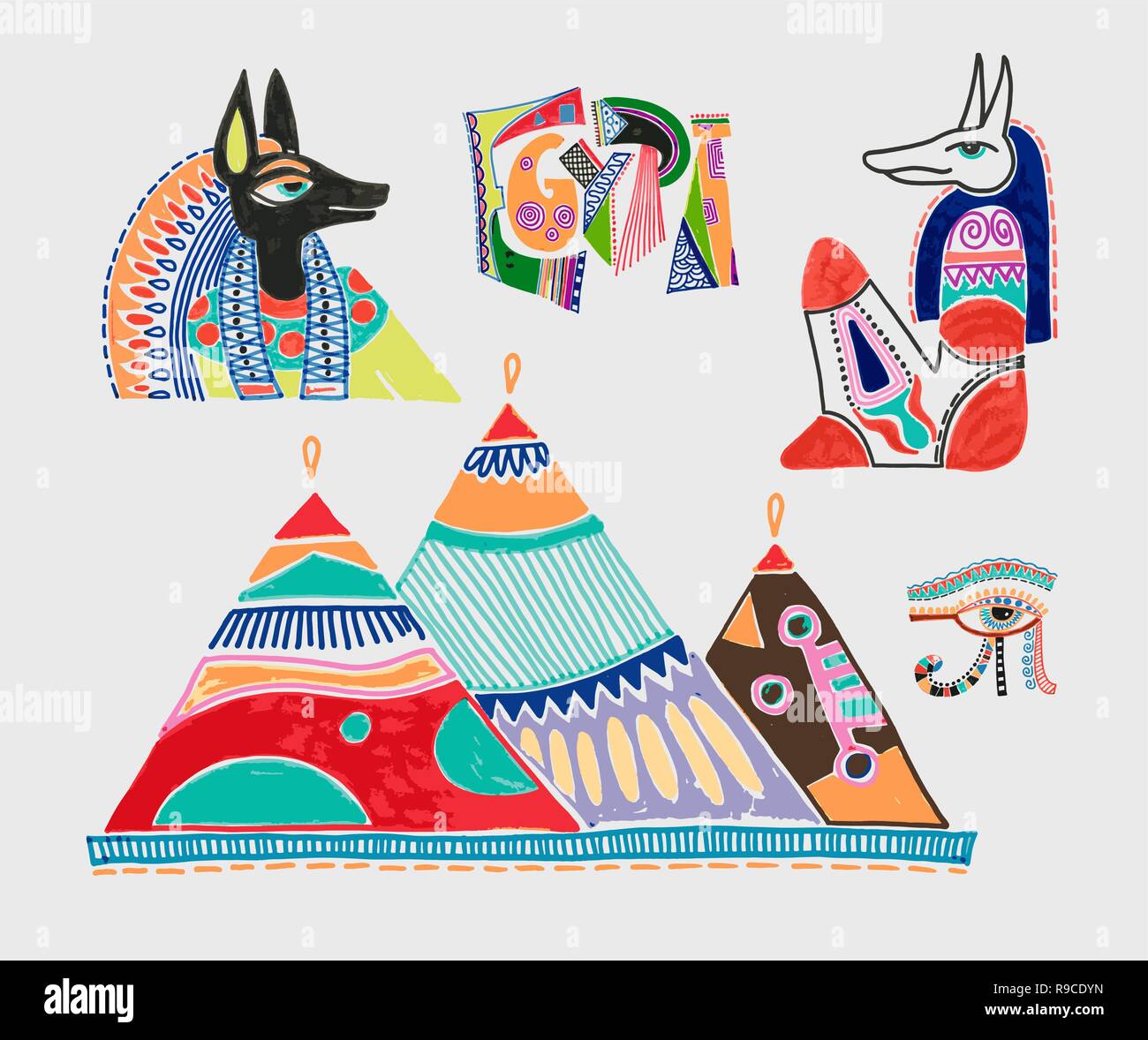 set of marker sketch drawing of egyptian mythological elements Stock ...