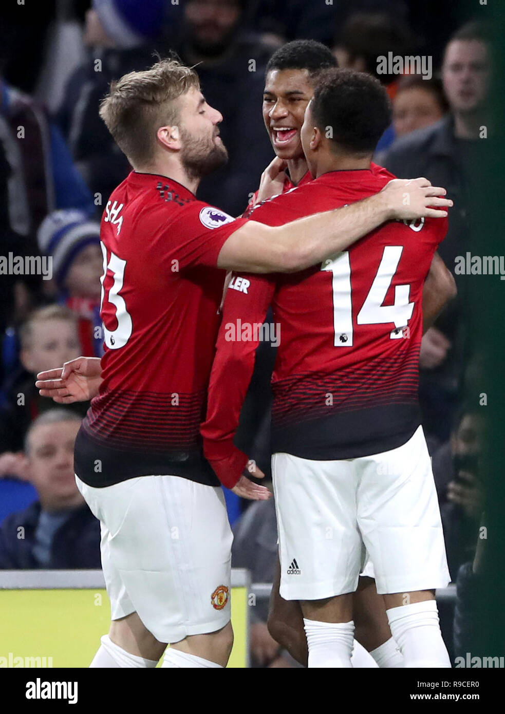 Manchester uniteds luke shaw celebrates scoring hi-res stock ...