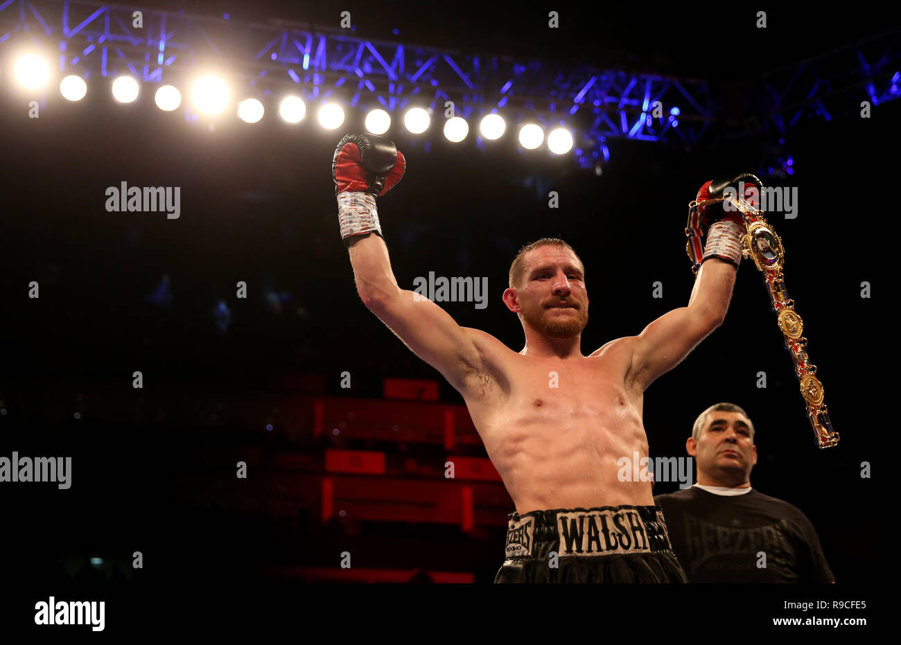 Ryan Walsh celebrates winning the British Featherweight Championship at ...