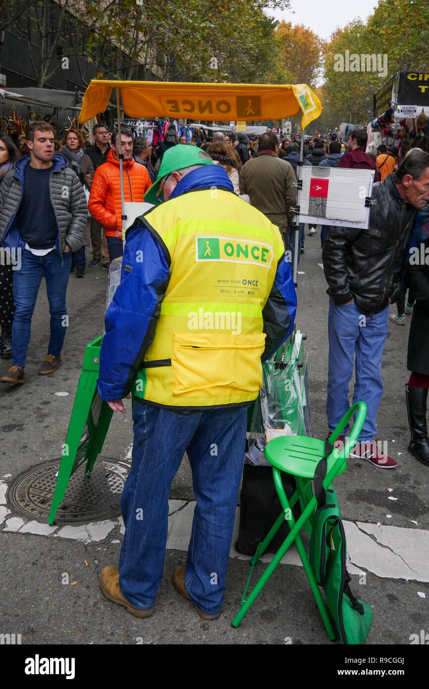 ONCE lottery tickets seller, El Rastro Flea Market, Madrid, Spain Stock ...