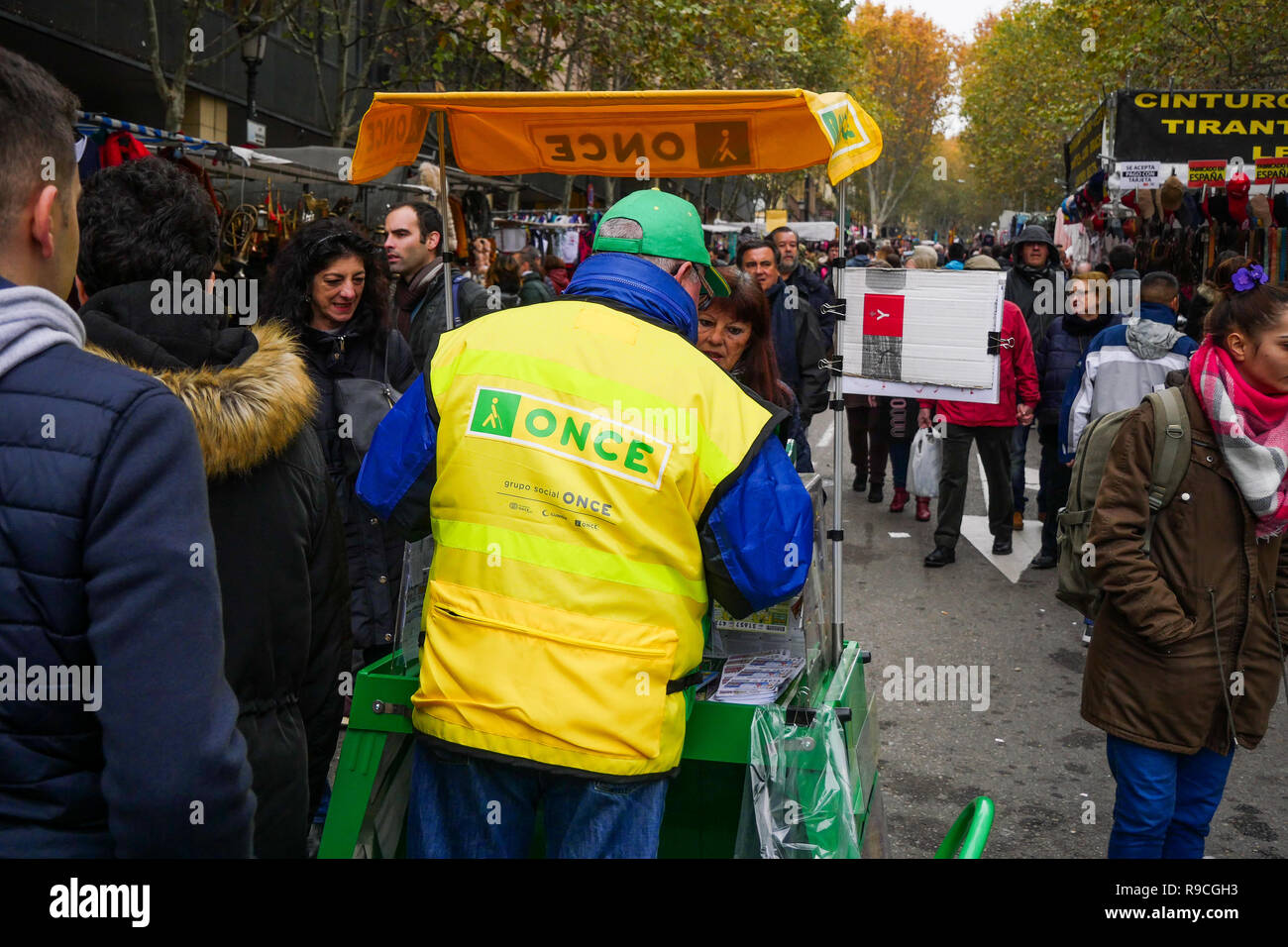 ONCE lottery tickets seller, El Rastro Flea Market, Madrid, Spain Stock ...