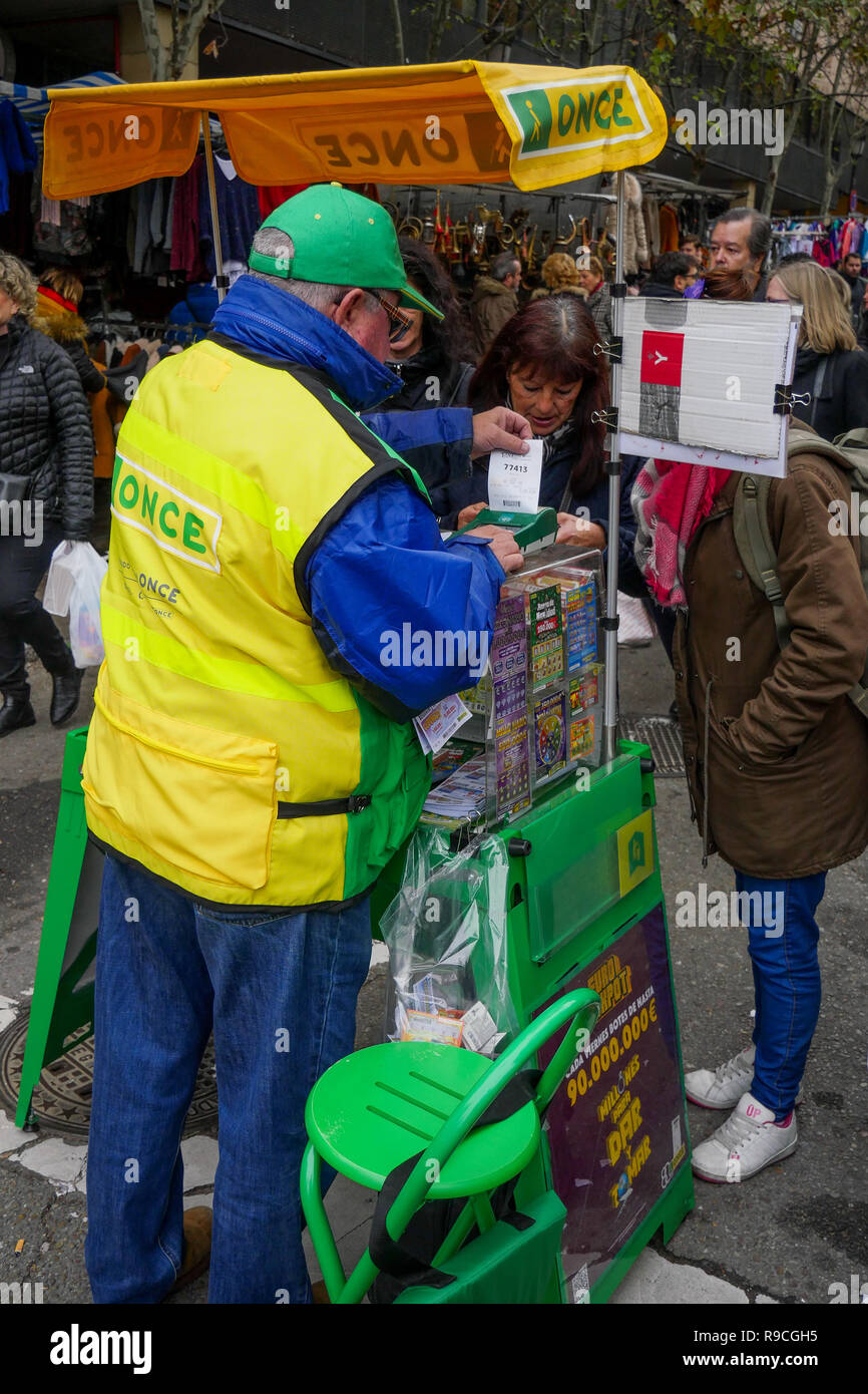 ONCE lottery tickets seller, El Rastro Flea Market, Madrid, Spain Stock ...