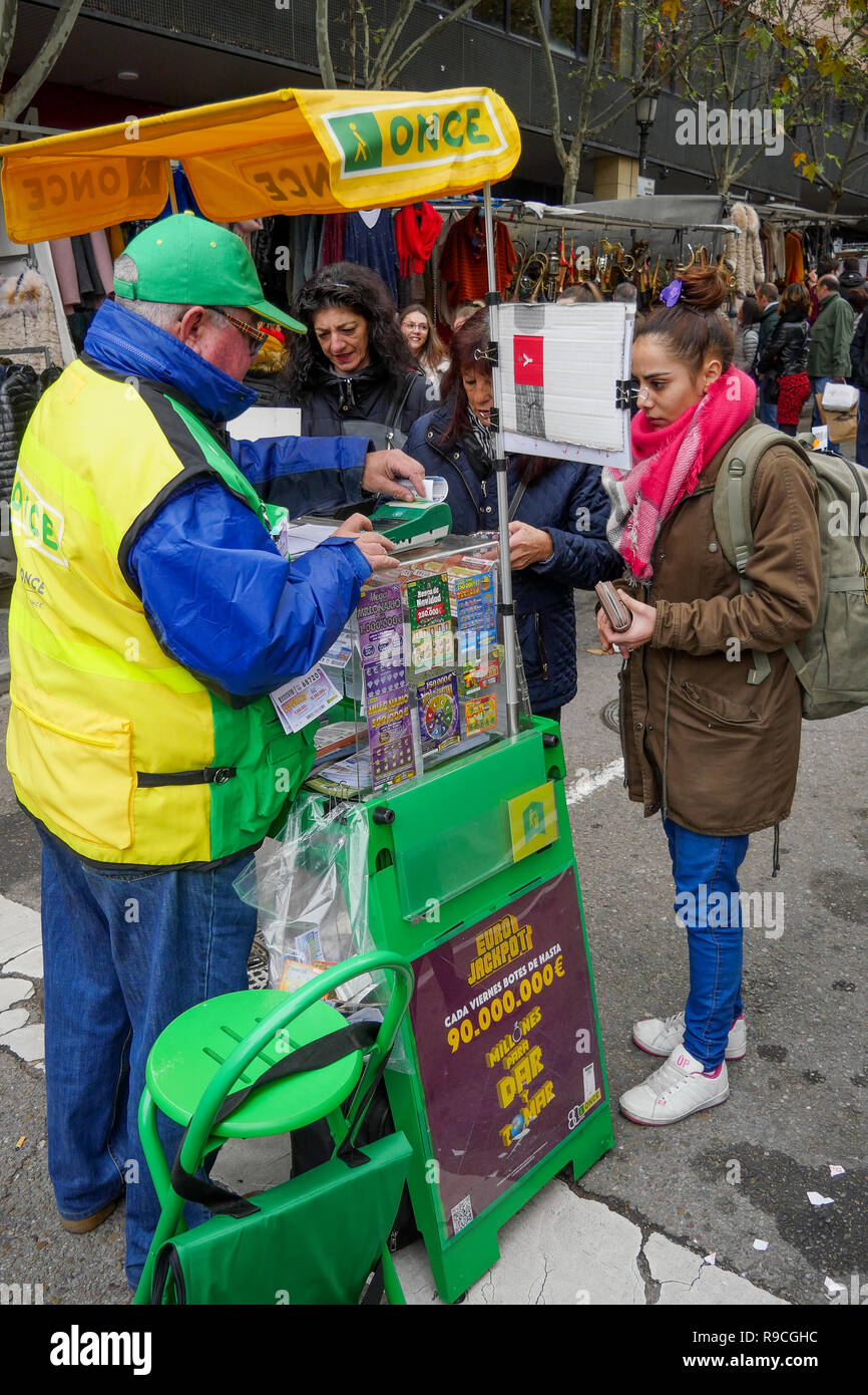ONCE lottery tickets seller, El Rastro Flea Market, Madrid, Spain Stock ...