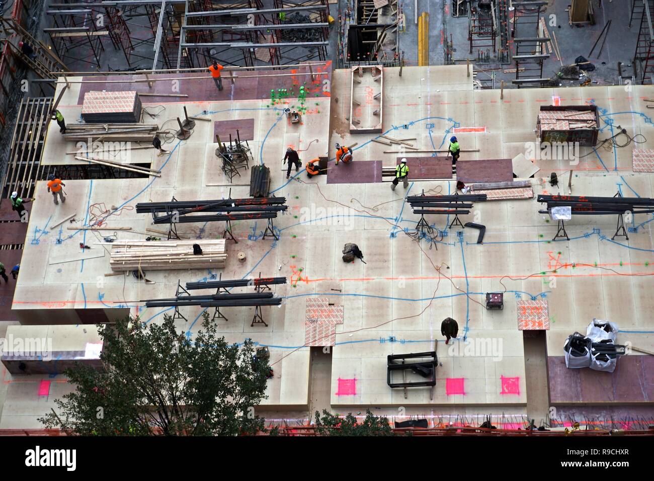 Aerial view of men and materials during the construction of a 42-story ...