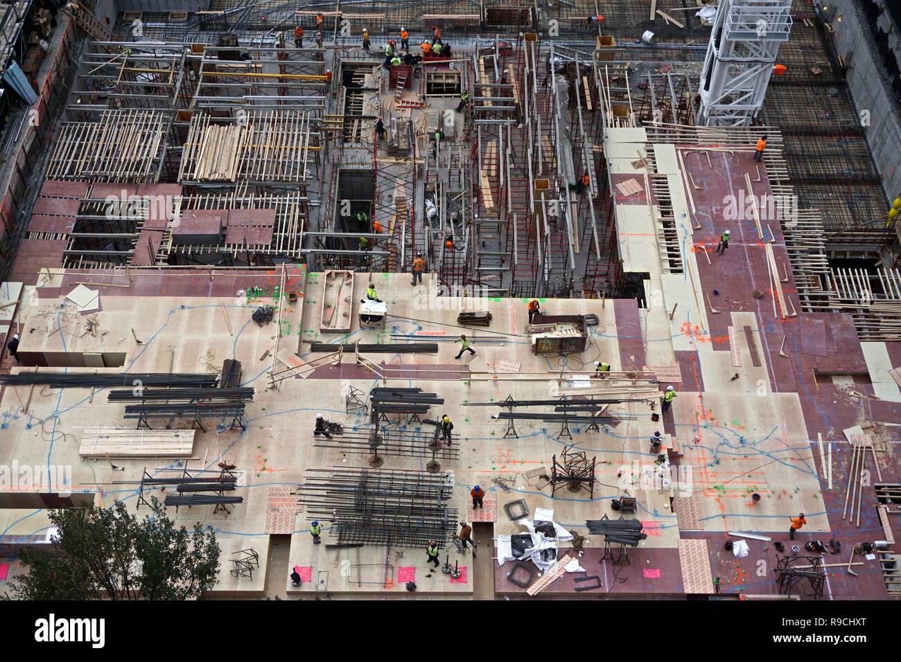Aerial view of men and materials during the construction of a 42-story ...