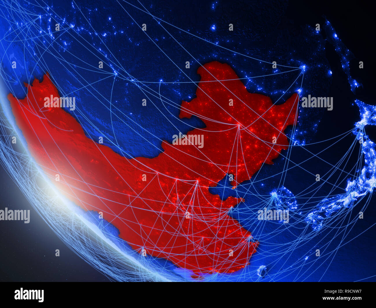 China on blue digital planet Earth from space with network. Concept of ...