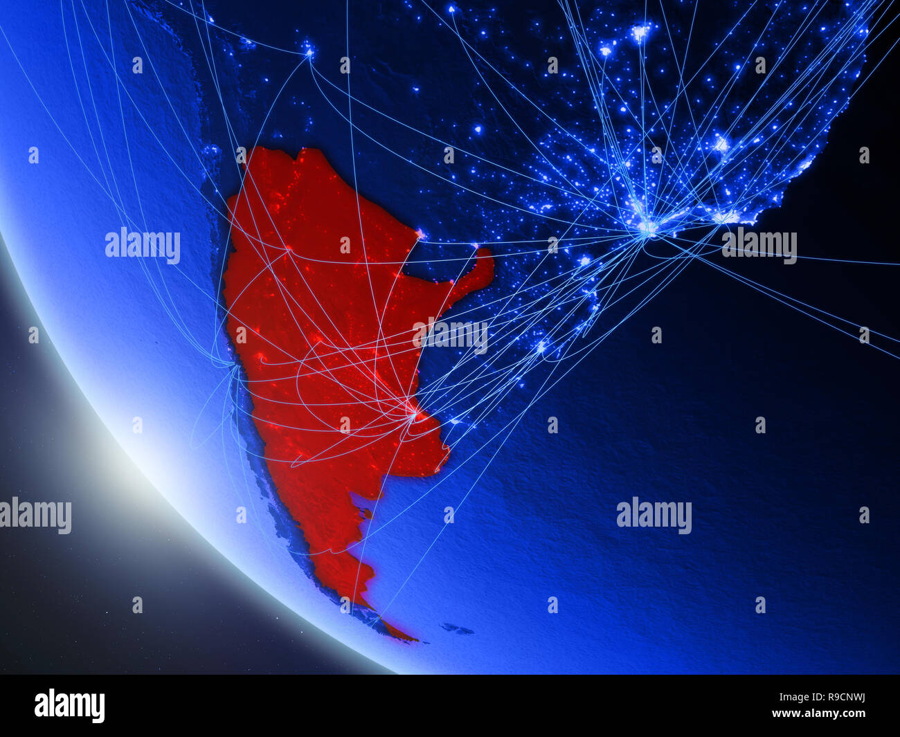 Argentina on blue digital planet Earth from space with network. Concept ...