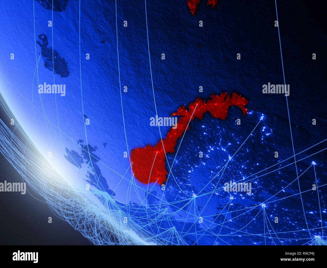 Norway on blue digital planet Earth from space with network. Concept of ...