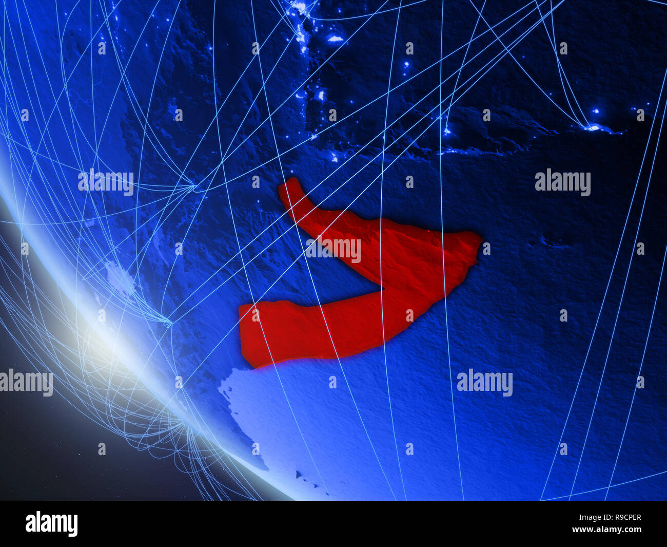 Somalia on blue digital planet Earth from space with network. Concept ...