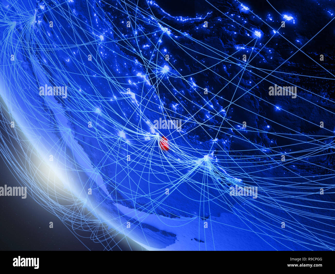 Qatar on blue digital planet Earth from space with network. Concept of ...