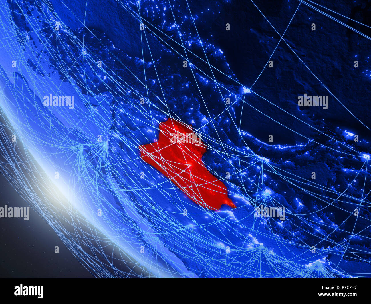 Iraq on blue digital planet Earth from space with network. Concept of ...