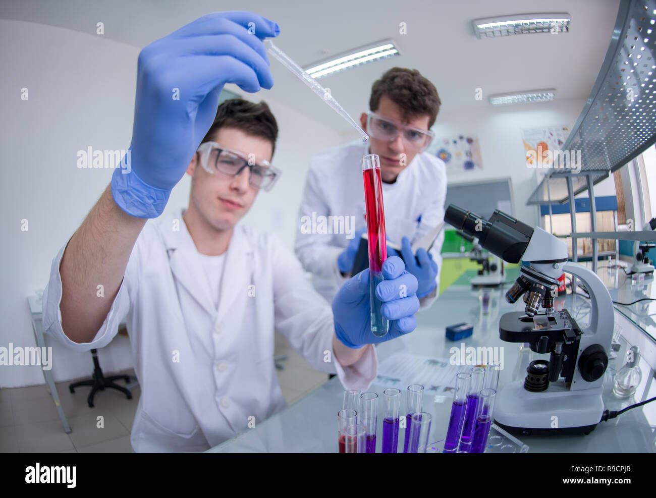 Group of young medical students doing research together in chemistry ...