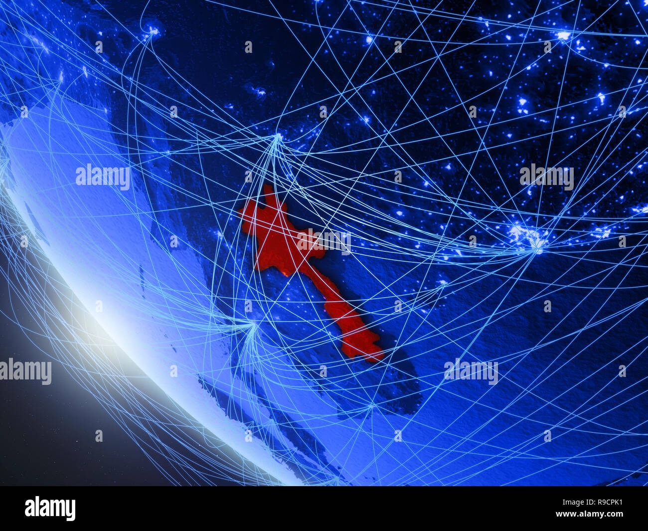 Laos on blue digital planet Earth from space with network. Concept of ...