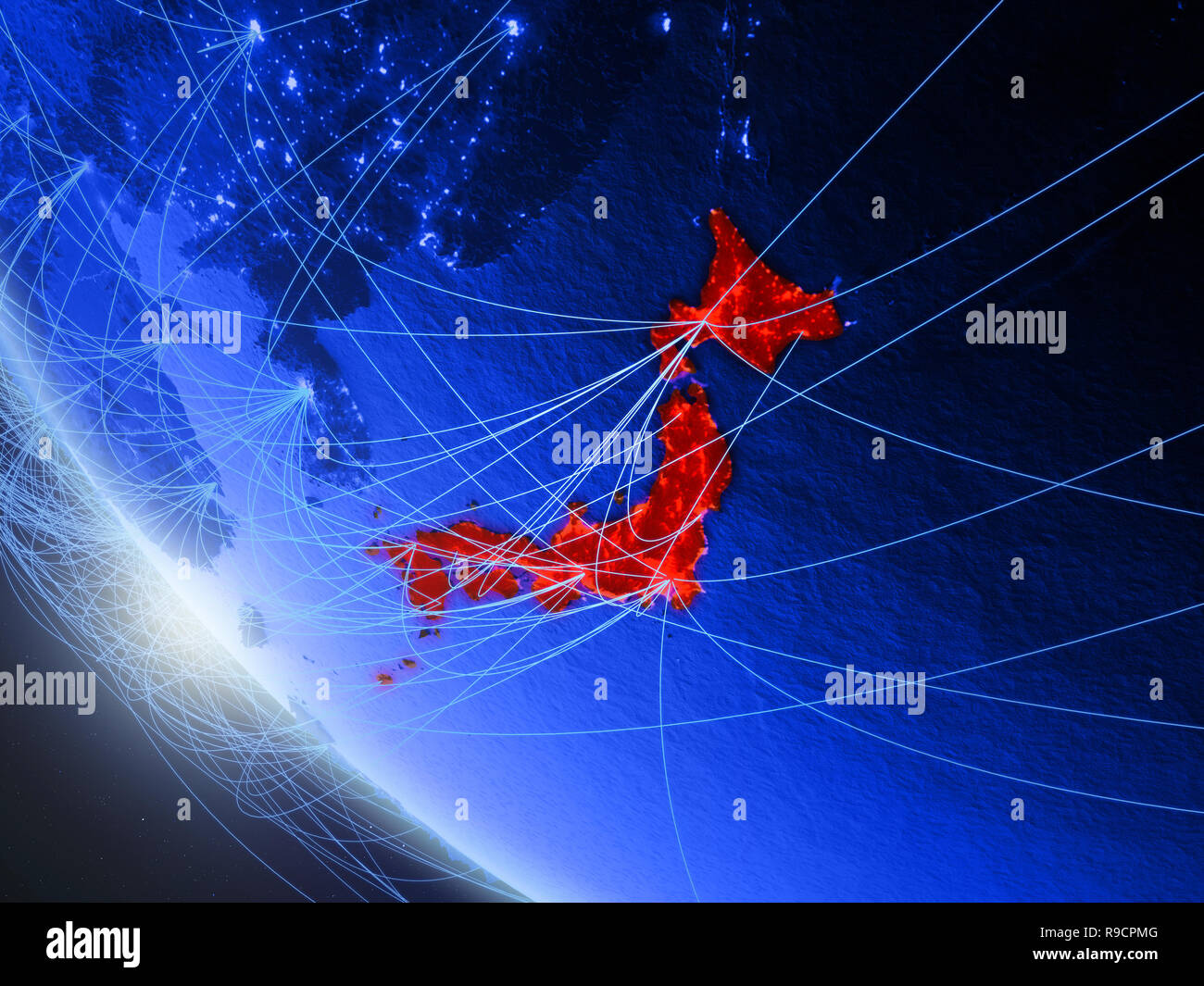 Japan on blue digital planet Earth from space with network. Concept of ...