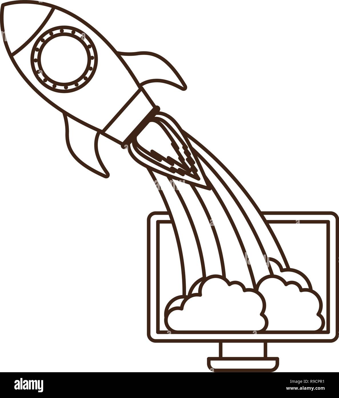 computer screen with flying rocket isolated icon Stock Vector Image ...
