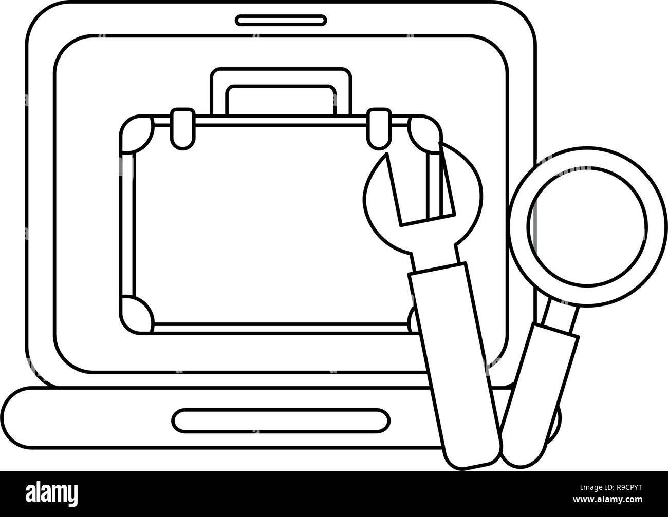business briefcase on laptop screen and tools in black and white Stock ...