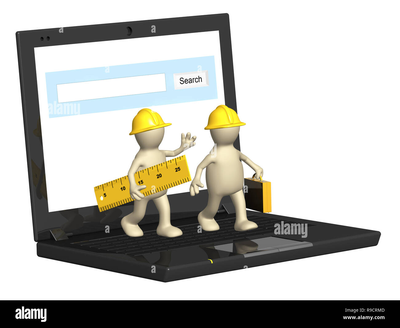 Two builders and laptop. Isolated on white background Stock Photo - Alamy