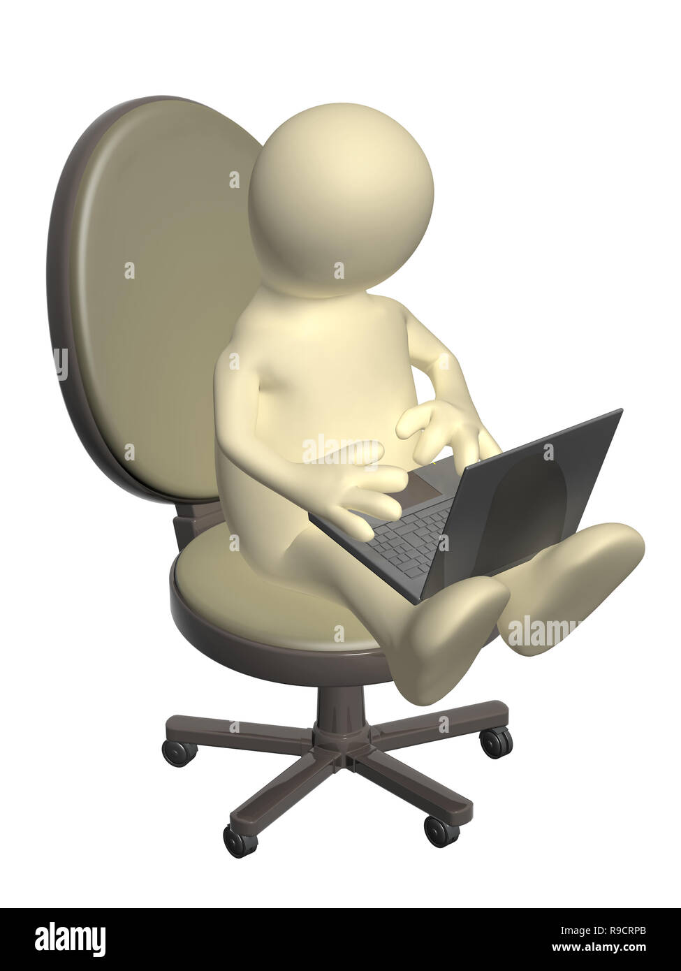 3d puppet, sitting with a laptop. Isolated on white background Stock ...