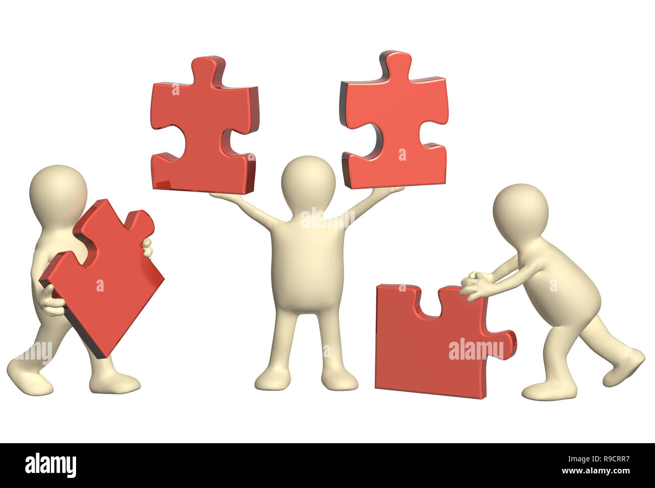 Success of teamwork. Three puppets with puzzles. Isolated on white ...