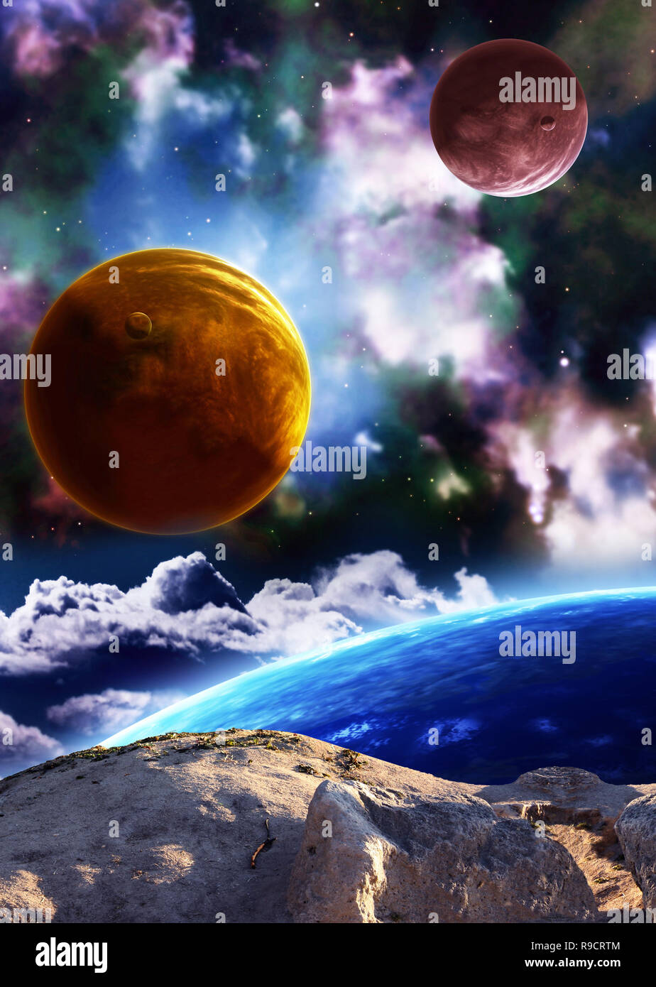 A beautiful space scene with planets and nebula. Elements of this image ...