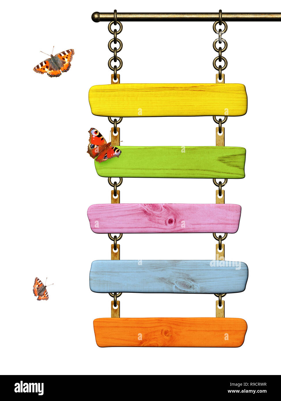 Wooden signboard and butterflies. Object isolated on white background ...
