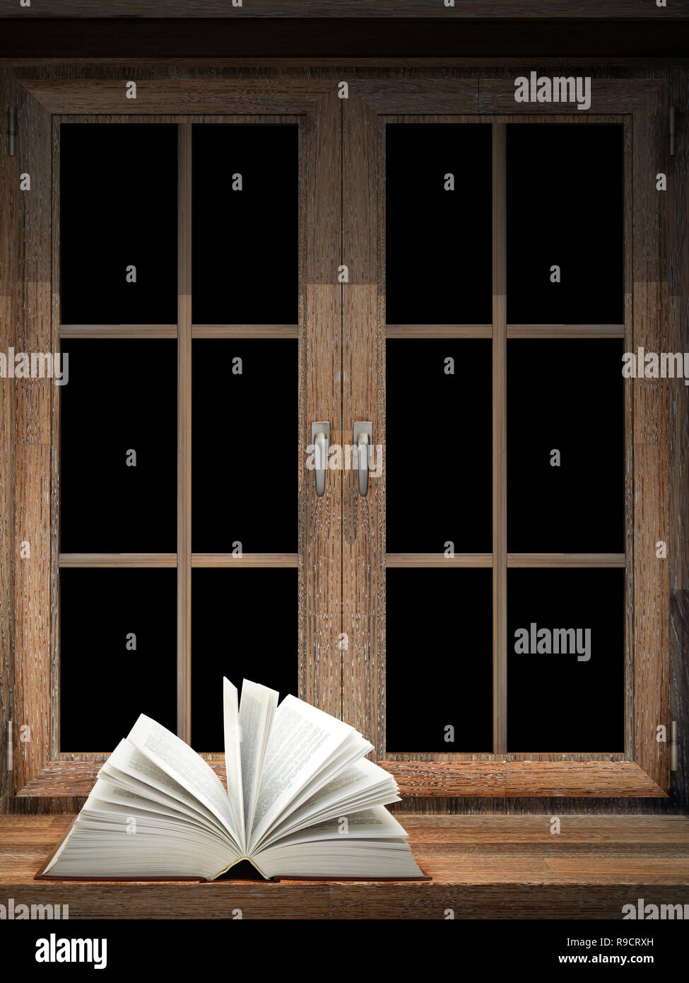 Open book on wooden windowsill Stock Photo - Alamy