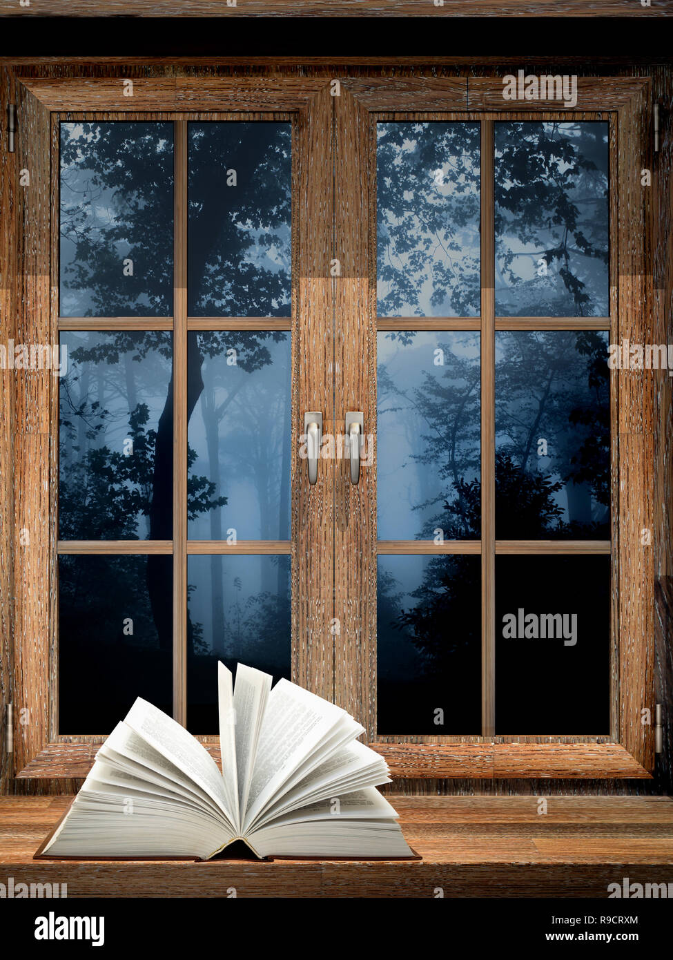 Open book on wooden windowsill Stock Photo - Alamy
