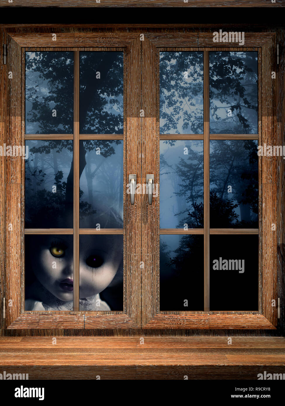 Dark series - doll ghost in misty forest Stock Photo - Alamy