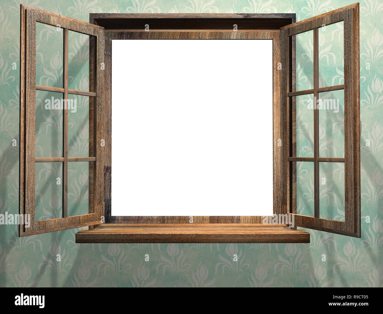 Open wooden window. 3d render Stock Photo - Alamy
