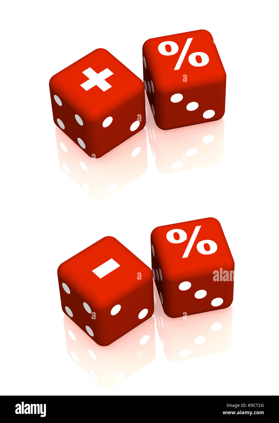 Red playing boxes with symbols plus, minus and percent. Objects on ...