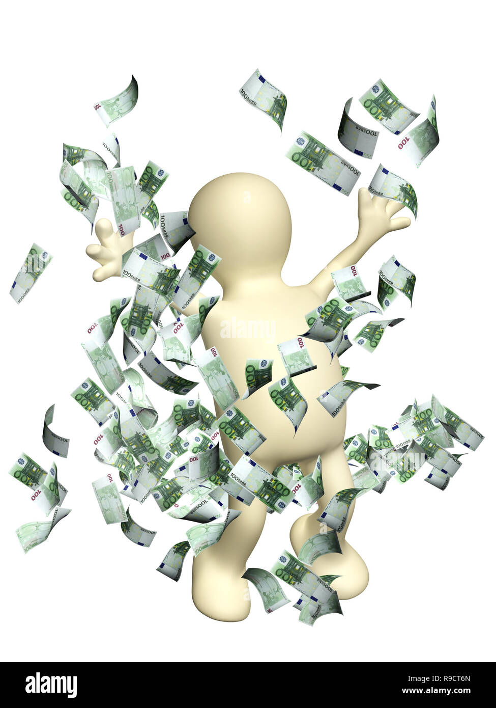 Happy puppet with money. Isolated on white background Stock Photo - Alamy