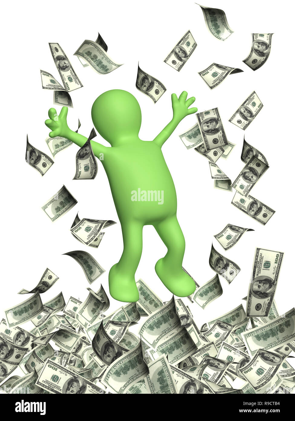 Happy 3d man leaping and a money rain with dollar banknotes. Isolated ...