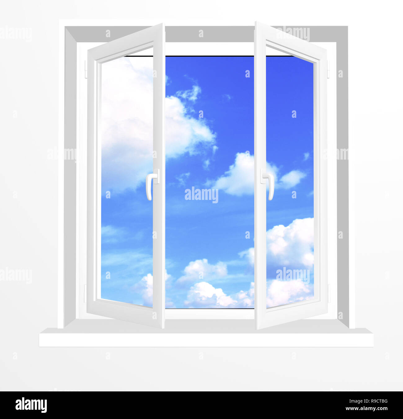 Opened window and clouds on blue sky. Isolated on white background ...