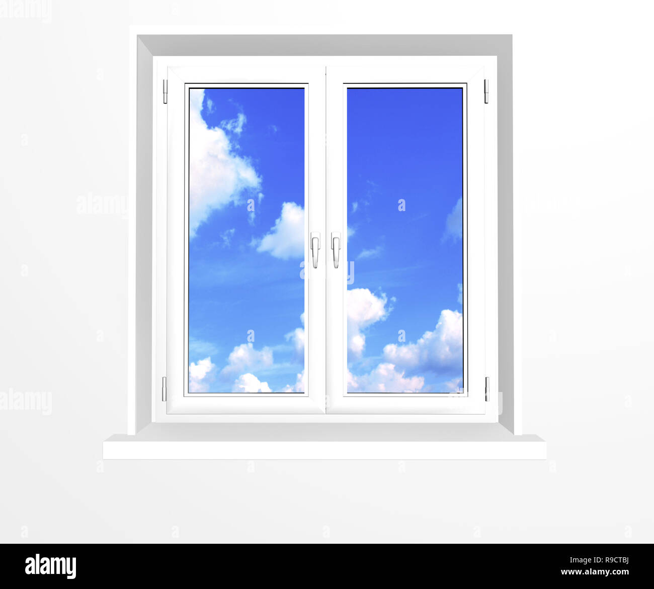 Closed window and clouds on blue sky. Isolated on white background ...