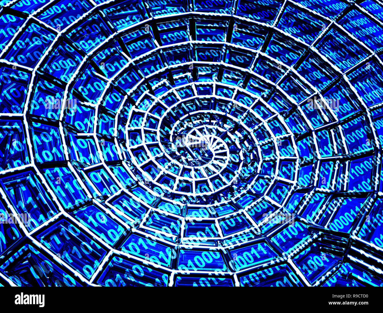 Abstract 3d spiral shell from a blue grid and binary code Stock Photo ...