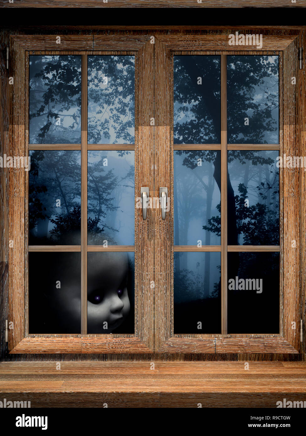 Dark series. Old window and doll ghost in misty forest Stock Photo - Alamy