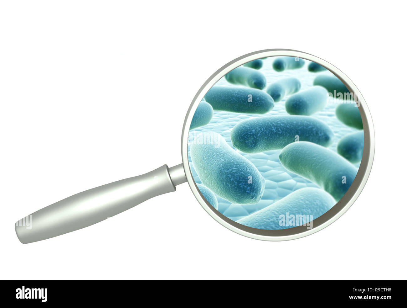 3d magnifying glass and colony of pathogen bacteria. Object isolated on ...