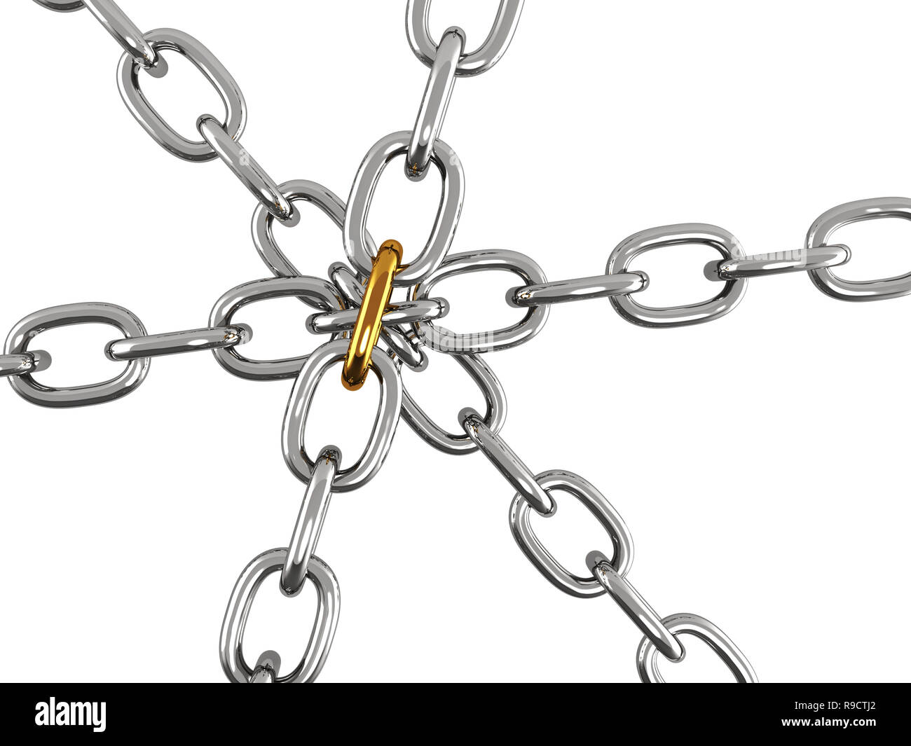 Six metal chains joined together golden link. Objects isolaten on white ...