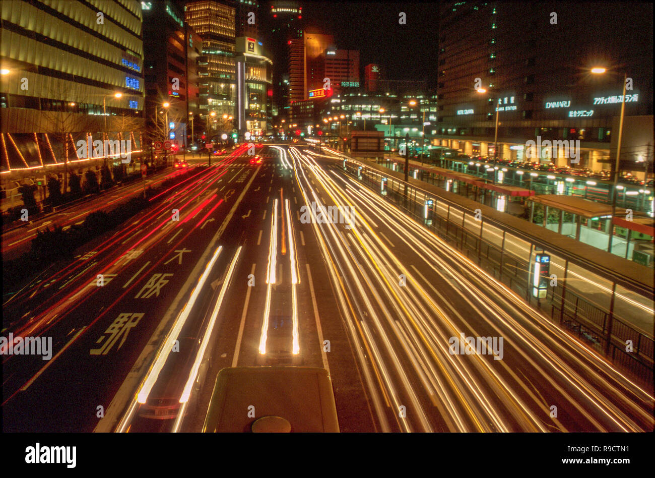 Osaka, Japan, late December 2007. Light Trails from traffic ...