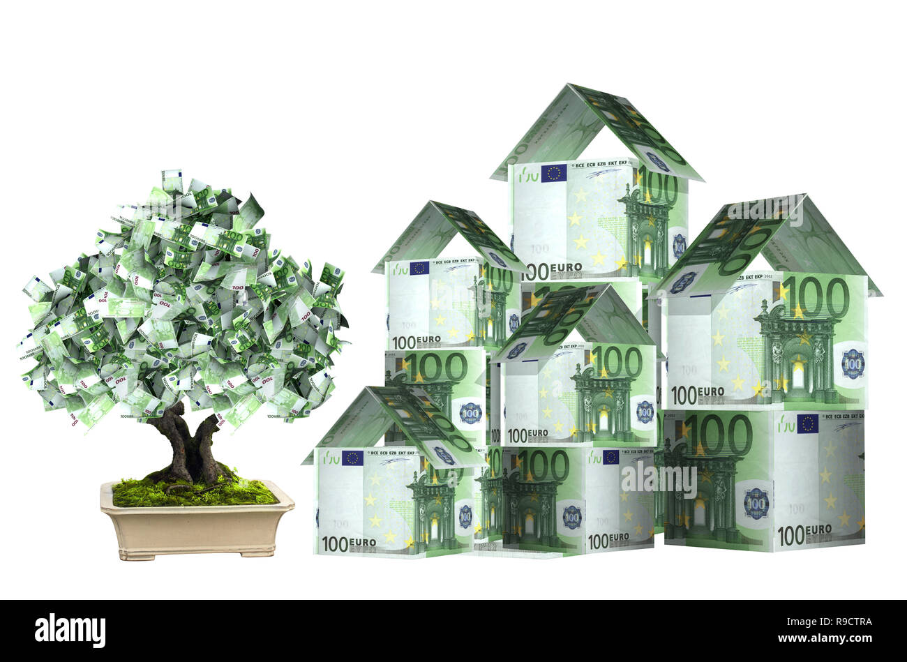 Three houses from euro banknotes and money tree in pot. Isolated on ...