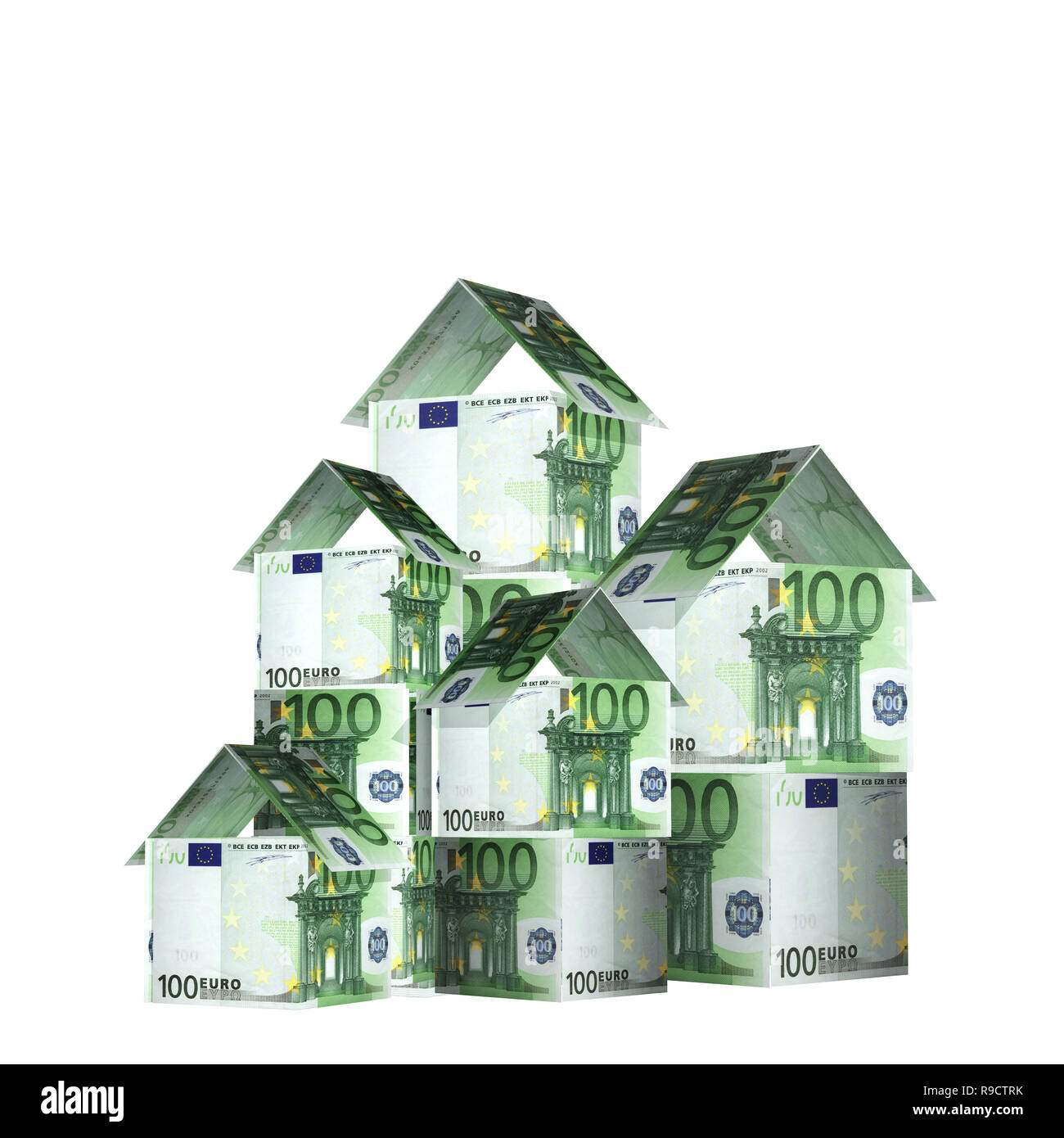 Three houses from euro banknotes. Isolated on white background Stock ...