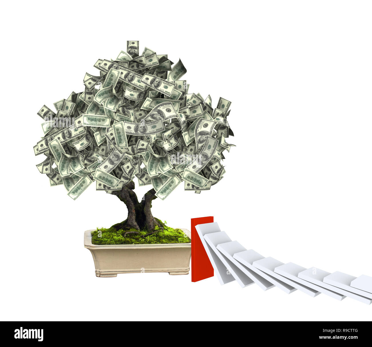 3d money tree with dollar banknotes and domino effect. Isolated on ...