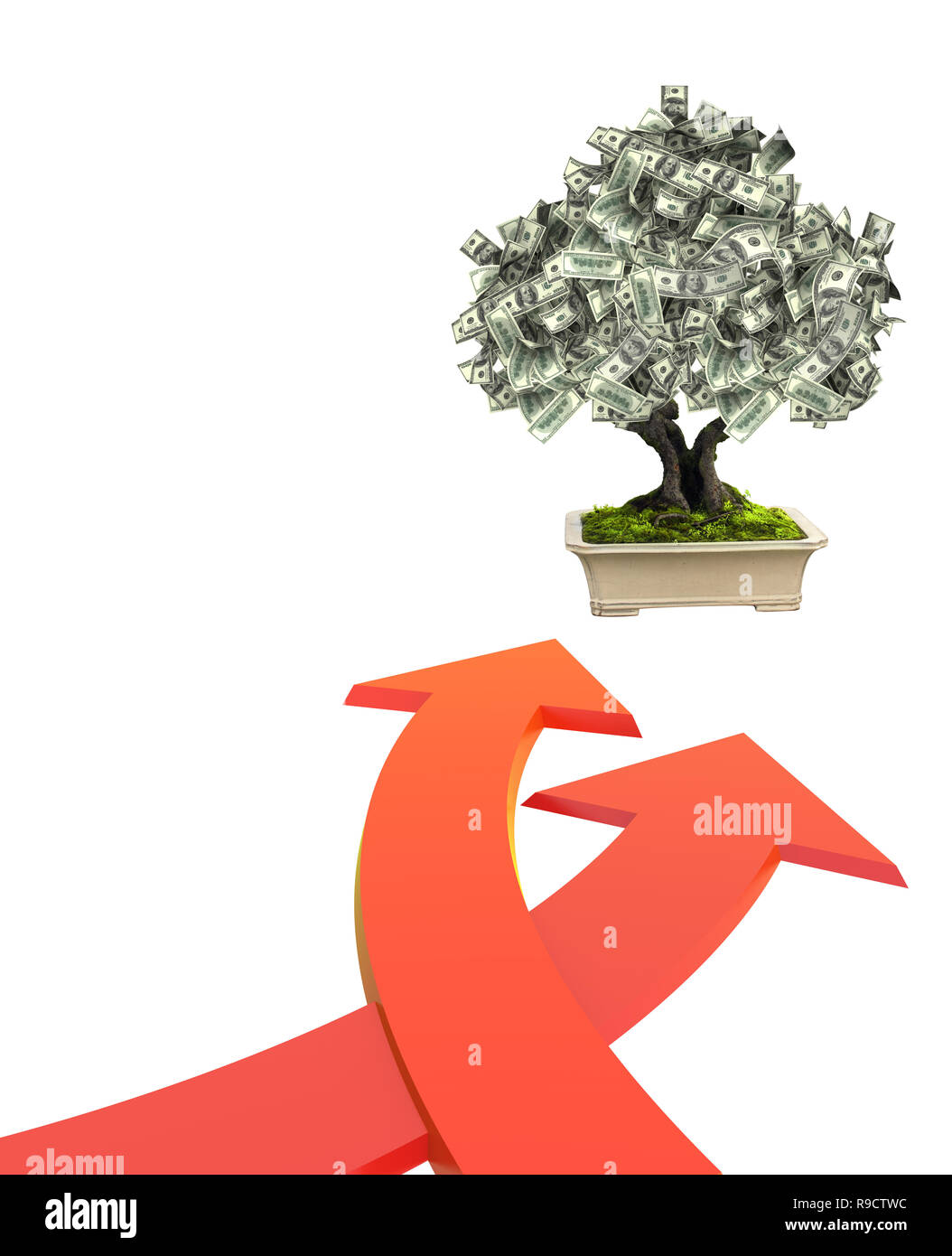3d money tree dollar euro banknotes and two bound arrows of red color ...