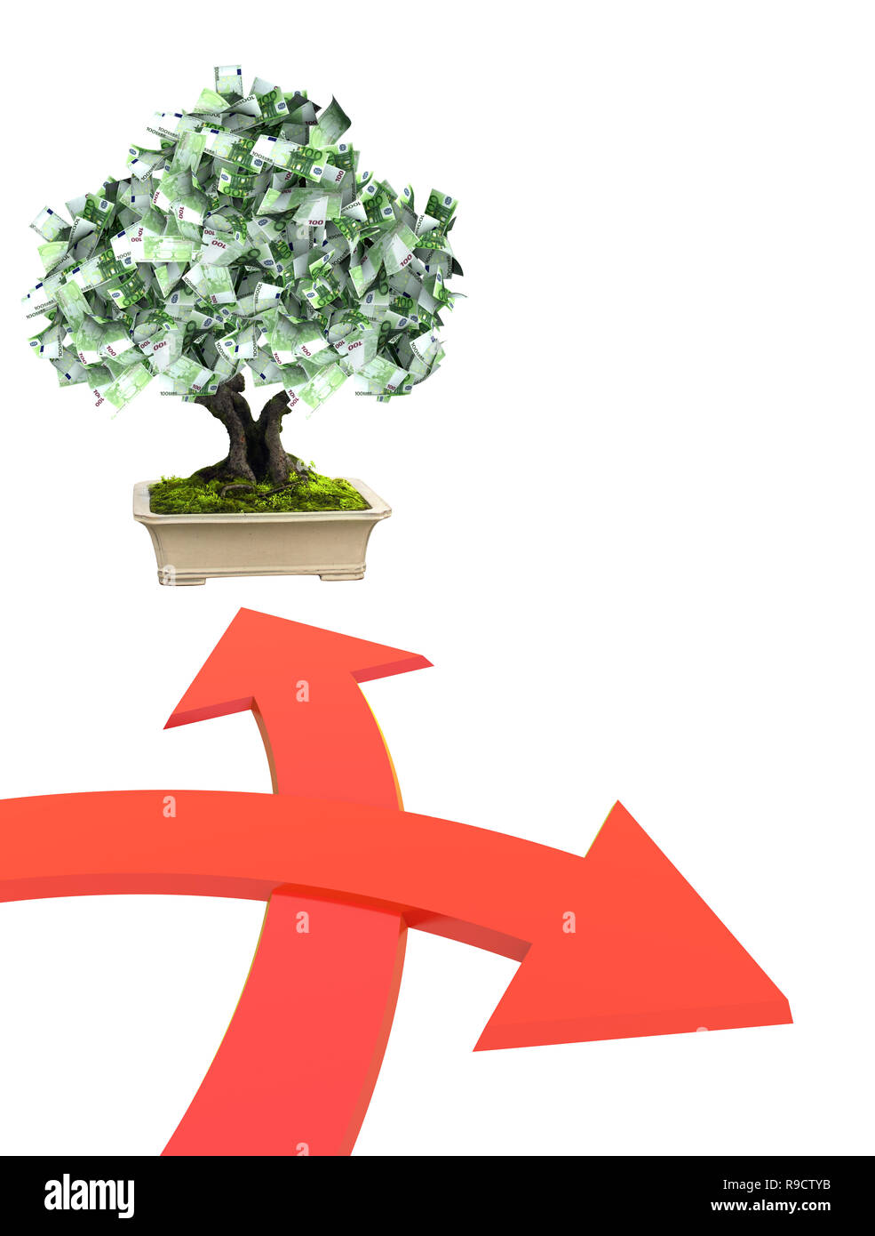 3d money tree euro banknotes and two bound arrows of red color ...