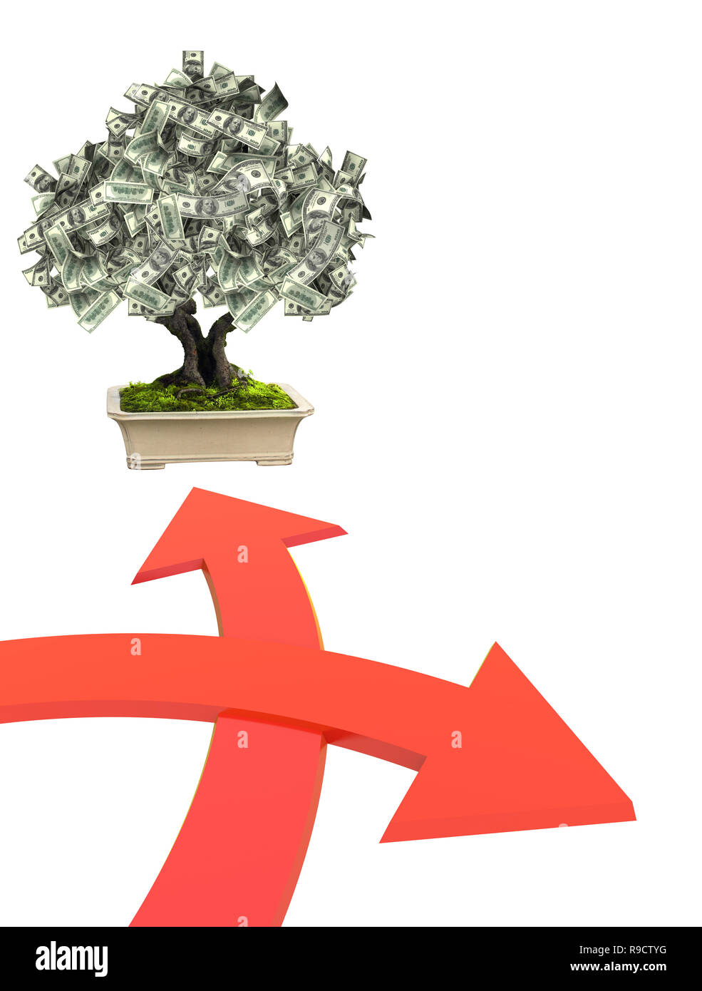 3d money tree dollar banknotes and two bound arrows of red color ...