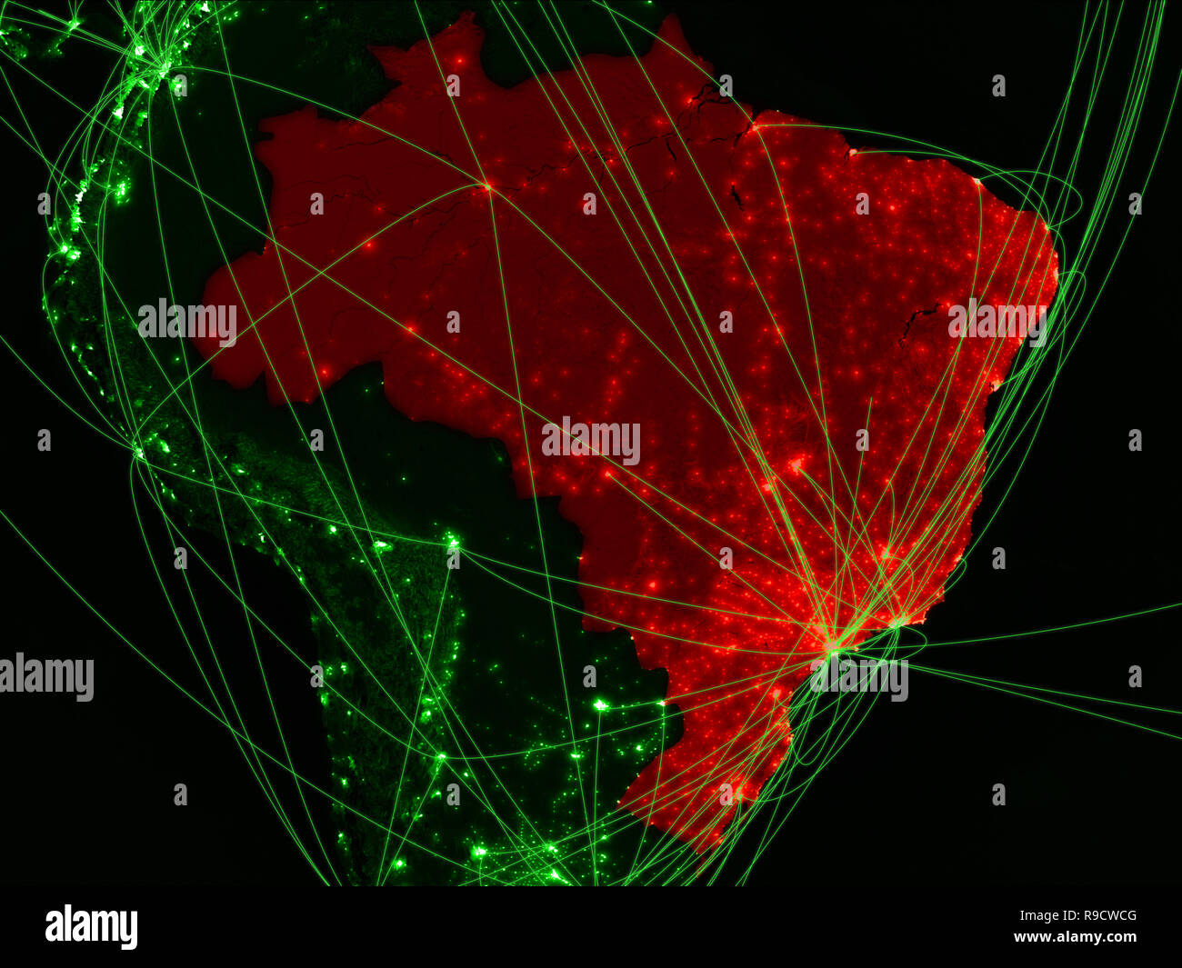 Brazil on green map with networks. Concept of international travel ...