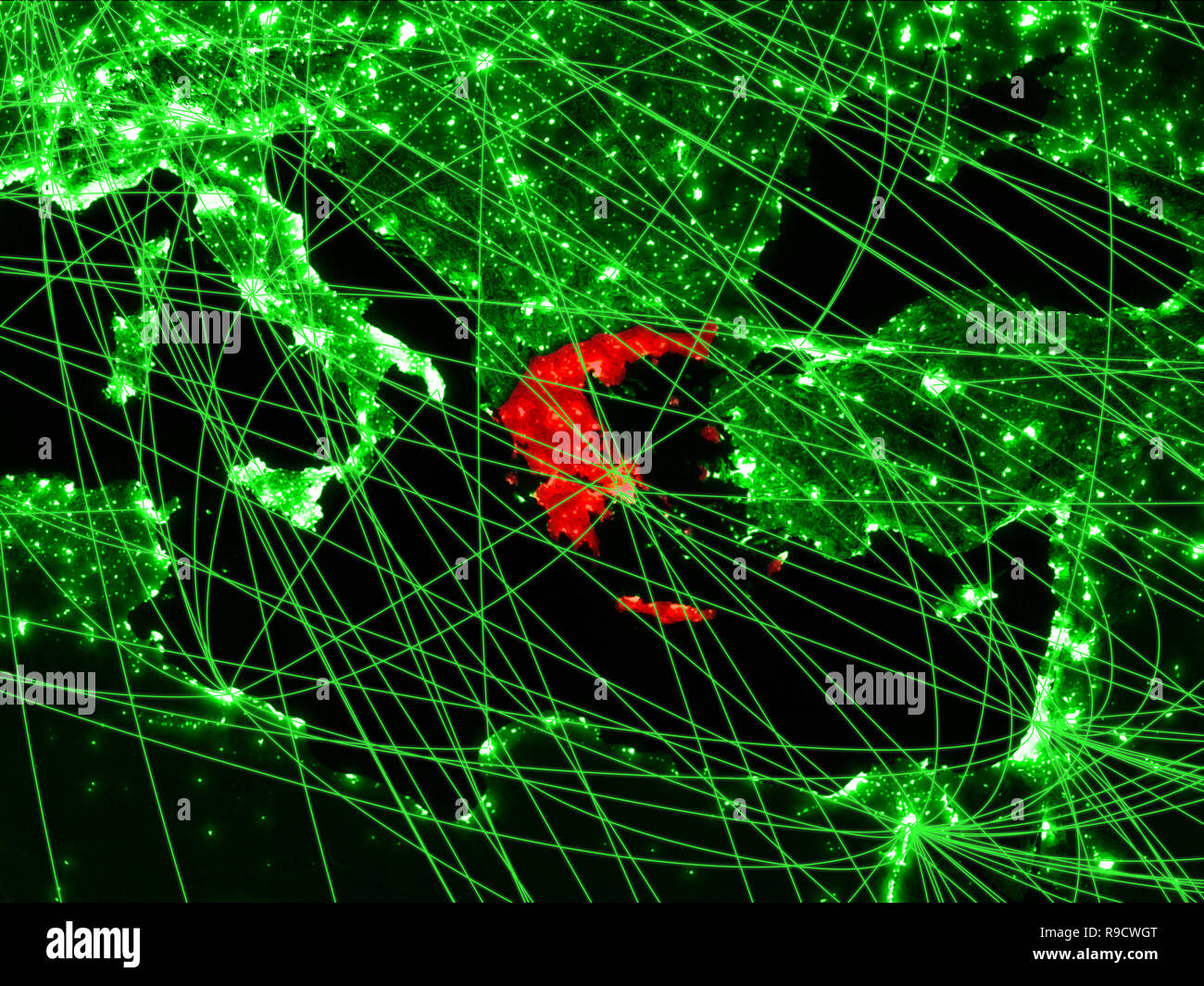 Greece on green map with networks. Concept of international travel ...