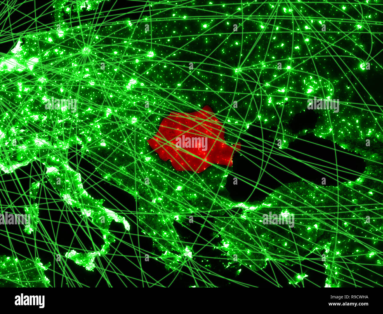 Romania on green map with networks. Concept of international travel ...