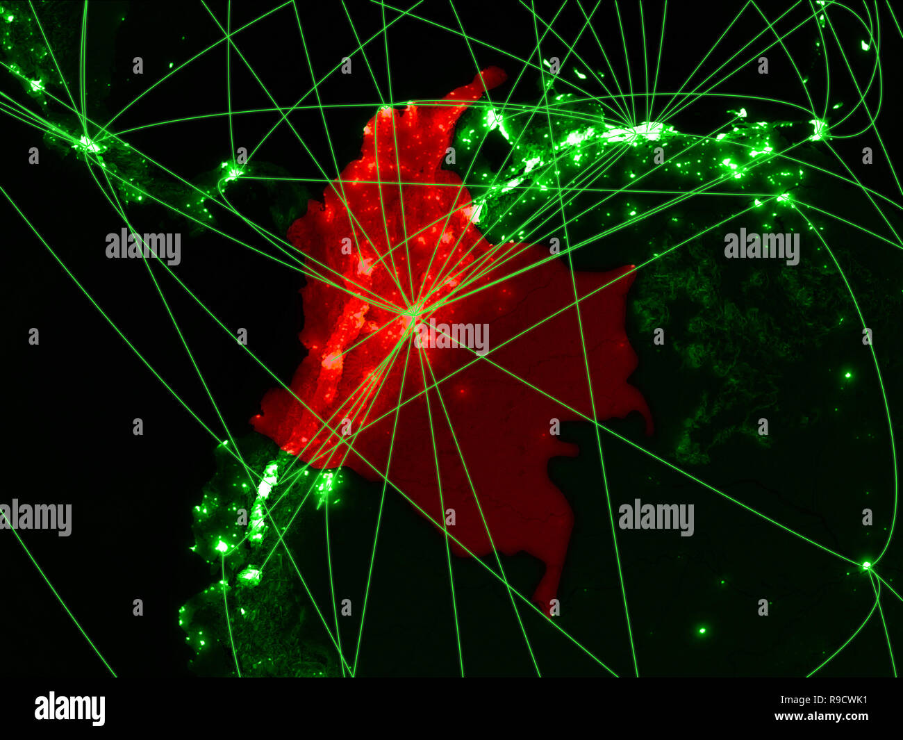 Colombia on green map with networks. Concept of international travel ...